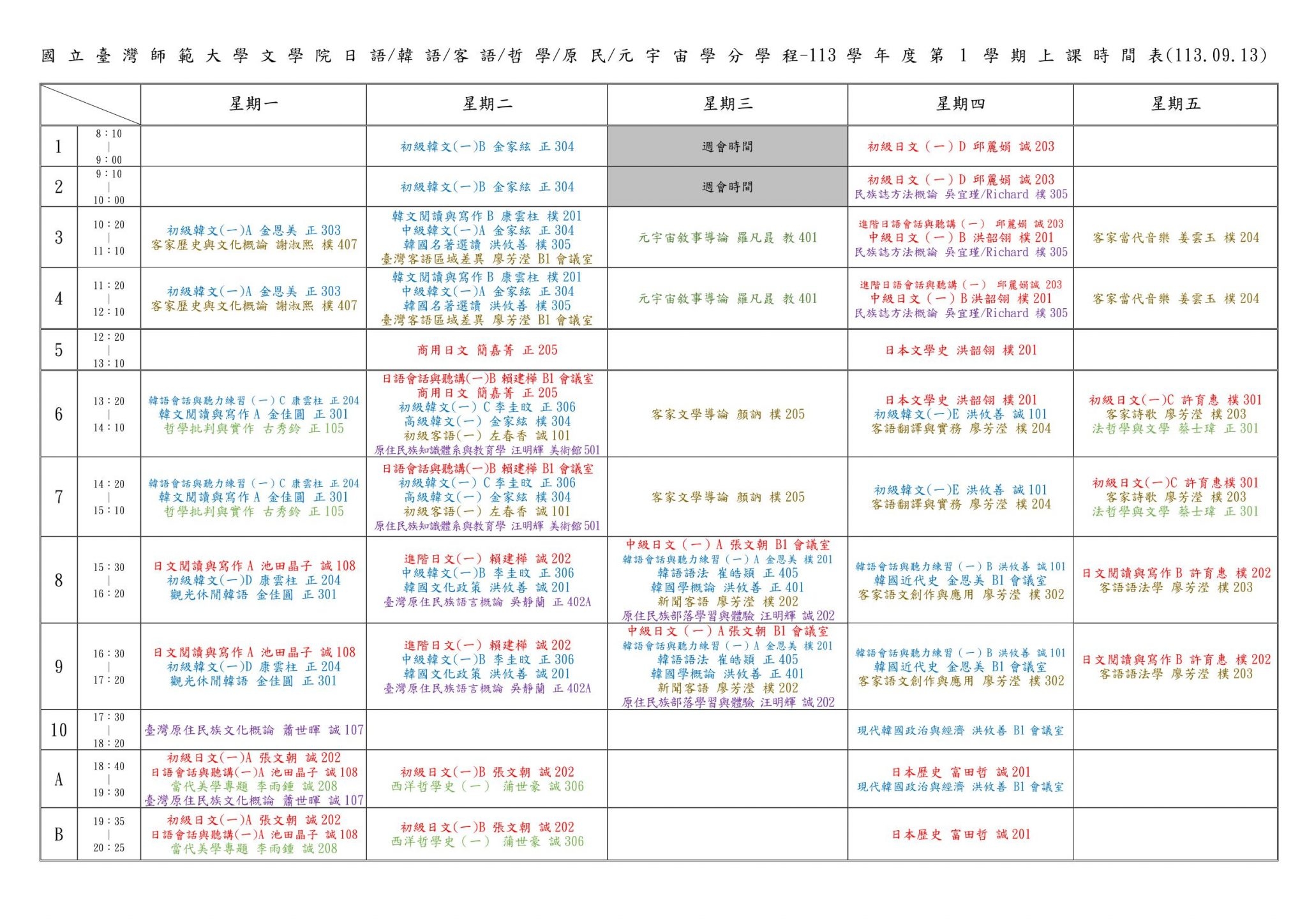 Hakka Program Class Schedule, 1st Semester, Academic Year 113 – 文學院院級客語 ...